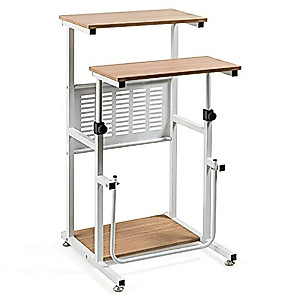 Tangkula Small Standing Desk, Height Adjustable Teacher Podium Stand, Compact Standing Table Lectern Podium, Laptop Desk with Footrest, Suitable for Sitting or Standing