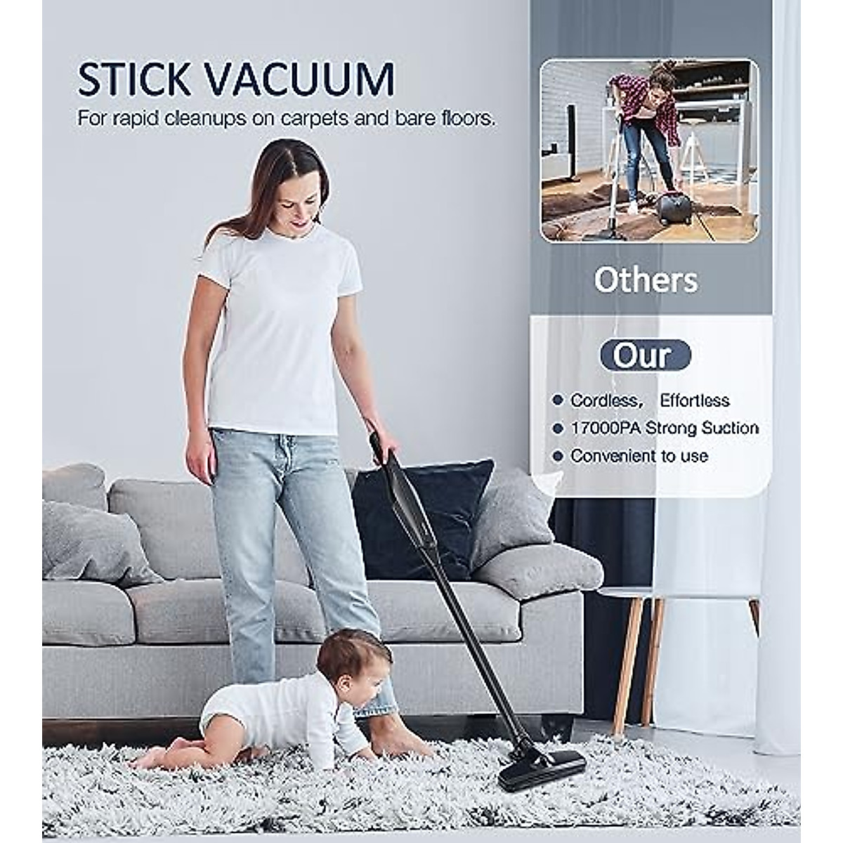 Handheld Vacuum Cleaner Cordless, 15000Pa Powerful Suction Cordless Stick Vacuum, Lightweight Electric Broom Rechargeable Handheld Vac, Portable Hand Held Vacuum for Hardwood Floor Car Pet Hair