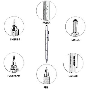 Ipienlee 6 in 1 Multitool Tech Tool Pen with Ruler, Levelgauge, Ballpoint Pen, Stylus and 2 Screw Driver, Christmas Gifts for Men or Dad (6 COLOR)