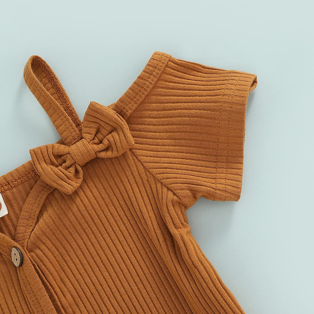 Lefyira Cow Print Bell Bottoms Baby Girl Off Shoulder Short Sleeve Romper Rib Knit Button Bodysuit Flare Pants Headband Outfit (Brown, 0-6 Months)