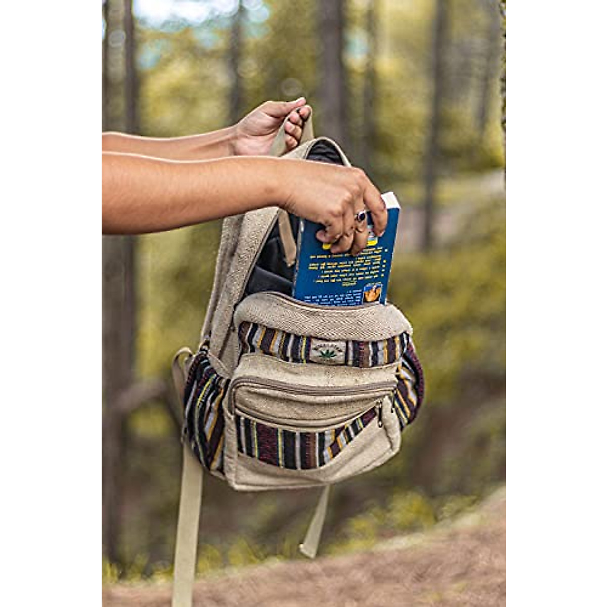 Fwosi Hippie Backpacks - Unisex Hemp Bookbag for School, Day Hiking & Travel - Lightweight, Multi-Pocket, 5 Compartments for Books, Purse, Wallet, Everyday Accessories - Handmade Crafts from Nepal