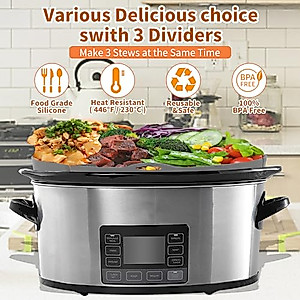 YSF Silicone Slow Cooker Liners, Reusable 4 Divider Inserts, Fits Crock-pot Oval 8 QT 4-in-1 Slow Cooking, Leakproof, Dishwasher Safe, Food-Grade BPA Free, 8 Quart Cook Four Dishes at Once (Gray)