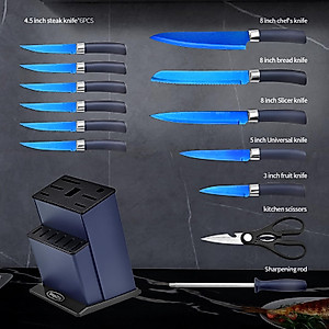 Knife Set, Kitchen Non Stick Knives Set with Block Thick Blade Cutlery Knife Block Sets with Sharpener 6pcs Steak Knife Shears Chef Sharp Quality Aluminum Alloy Block Blue Handle and Blade