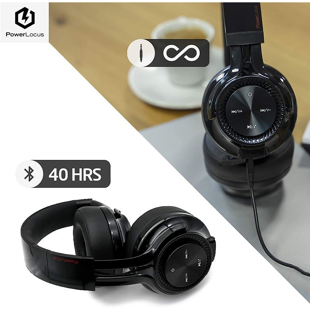 PowerLocus P3 Wireless Bluetooth Headphones Over-Ear, [40h Playtime, Bluetooth 5.0] Foldable Stereo Wireless/Wired Headphone Over Ear with Mic Deep Bass Headset for iOS/Android/Laptop/PC/TV - Black