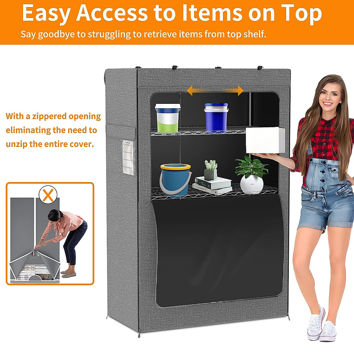 HMOCK Wire Shelf Cover,600D Heavy Duty Waterproof Dustproof Shelf Covers for Wire Shelving Cover,Outdoor Wire Rack Cover with Zipper for Metal Wire Shelf (Grey,37" L x 18" W x 72" H)