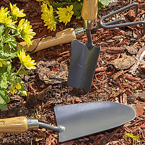 OCALIVING Garden Tool Set- Gardening Tools -Planting Trowel, Fork, Weeder, Transplanter, Rake & 6 pocket Storage Bag -Heavy Duty Gardening Kit- Gardening Gift Women Men -Wood Handle Tools