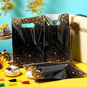 Pasimy 50 Pcs Black and Gold Party Favor Gift Bags Die Cut Plastic Treat Goodie Merchandise with Handle for Birthday Party Wedding Bridal Baby Shower Christmas New Year Gift Supplies