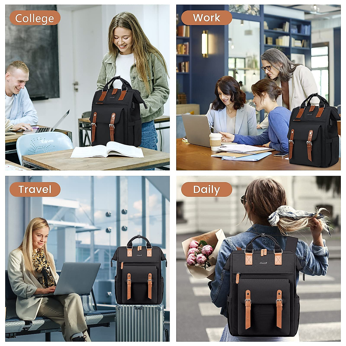 LOVEVOOK Laptop Backpack Purse for Women Work Traveling Commuter Backpack Business Computer Bag Doctor Nurse Bags College Backpack Teacher Laptop Bag, 15.6 Inch, Black-brown (Upgraded)