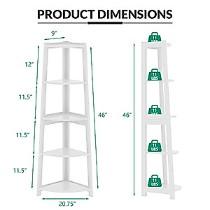 VIVIJASON 5 Tier Corner Shelf – Modern Wall Corner Storage Rack Plant Stand Small Bookshelf - Freestanding Ladder Shelf Display Organizer for Living Room, Kitchen, Home Office, Small Space (White)
