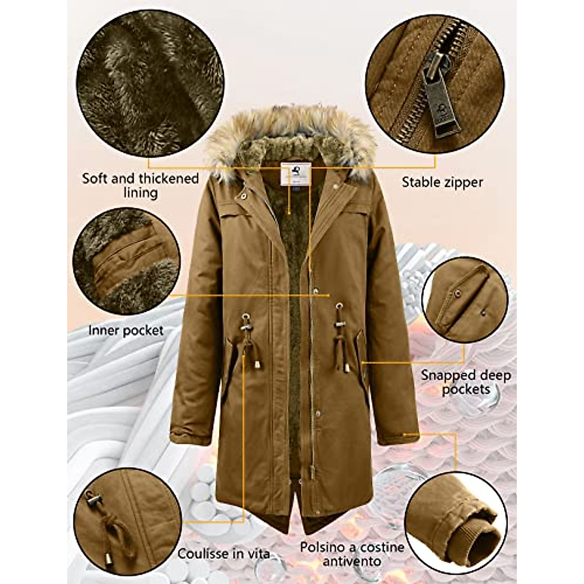 Uoiuxc Women's Hooded Winter Coat Warm Fleeced Lined Parka Long Jackets (Khaki,Medium)