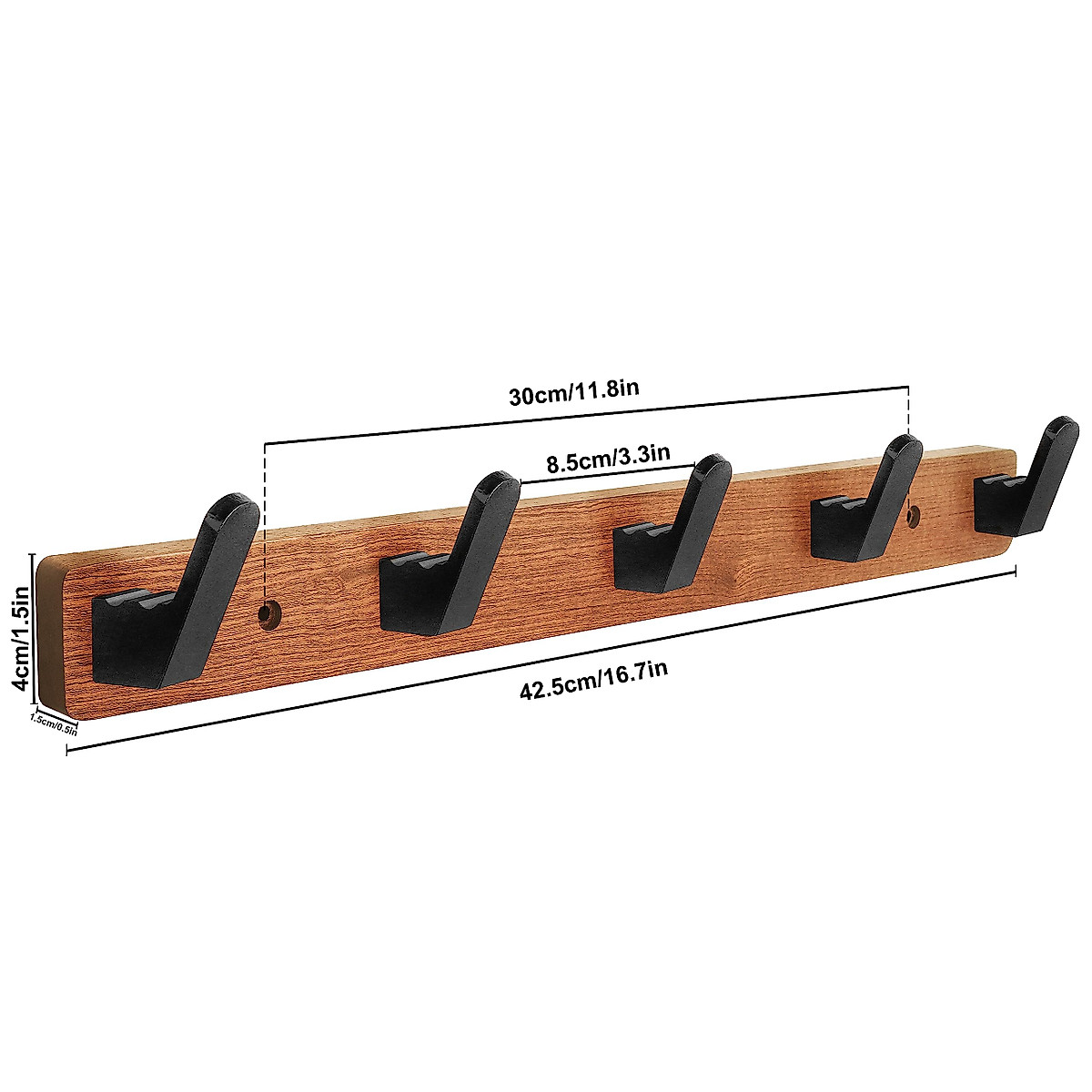 IBosins Coat Hooks Wall Mounted Coat Rack, 16.7'' Long, Entryway Hanging Coat Rack, Metal Wood Coat Rack with 5 Black Literary Rustic Hooks, Decorative Hooks Rail for Coat, Bag, Towel, Hat
