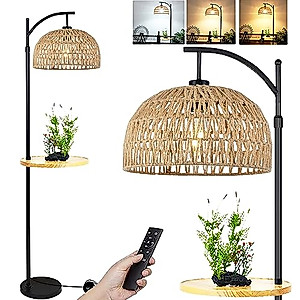 QIYIZM Floor Lamp for Living Room Bedroom with Table Shelves,Rattan Boho Arc Floor Lamps with Remote Dimmable Farmhouse Wood Shelf Attached Standing Lamp Wicker Bamboo Tall Lamp Floor Light Bohemian