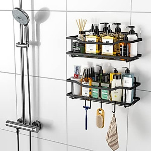 WEYEEN Shower Caddy Bathroom Shelf, No Drilling Adhesive Bathroom Storage Organizer with 4 Hooks, Rustproof Stainless Steel Shower Shelf for Inside Shower & Kitchen Storage , 2 Pack (Black)
