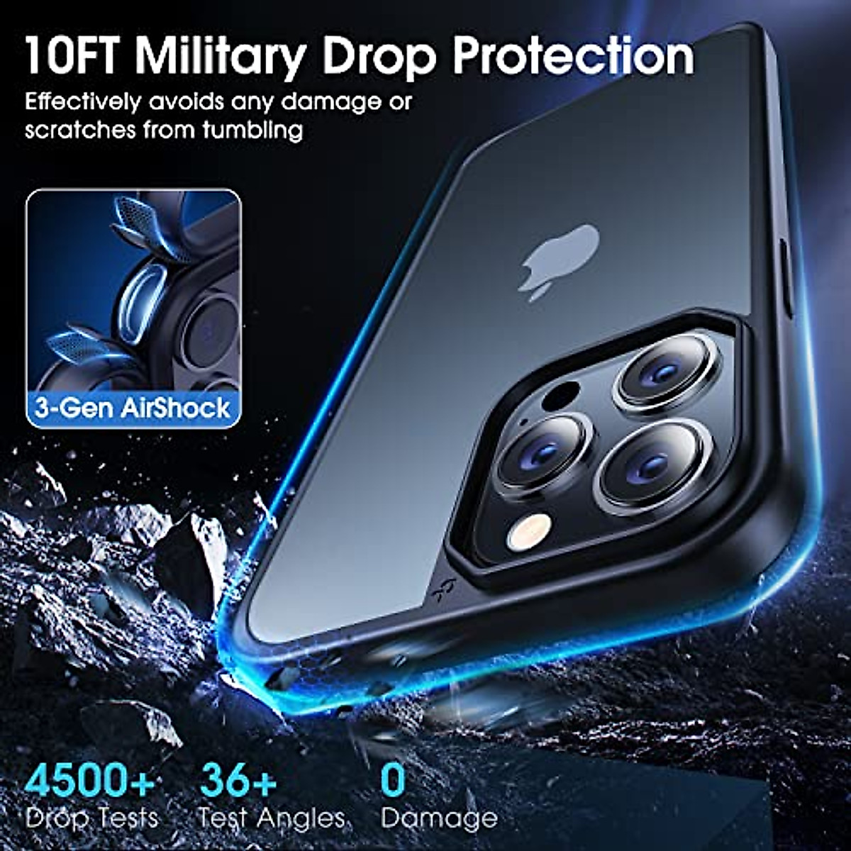 CASEKOO for iPhone 13 Pro Max Case KooShock, [10 FT Military Drop Protection] [Skin-Friendly Touch] Built-in Airbags and Rugged Matte Back, Thin Translucent Protective Case 6.7", Black