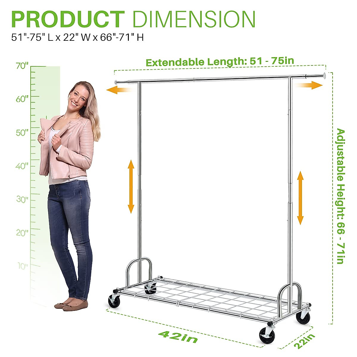 HOKEEPER Clothing Garment Rack with Shelves Capacity 450 lbs Clothing Racks on Wheels Rolling Clothes Rack for Hanging Clothes Heavy Duty Portable Collapsible Commercial Garment Rack Chrome
