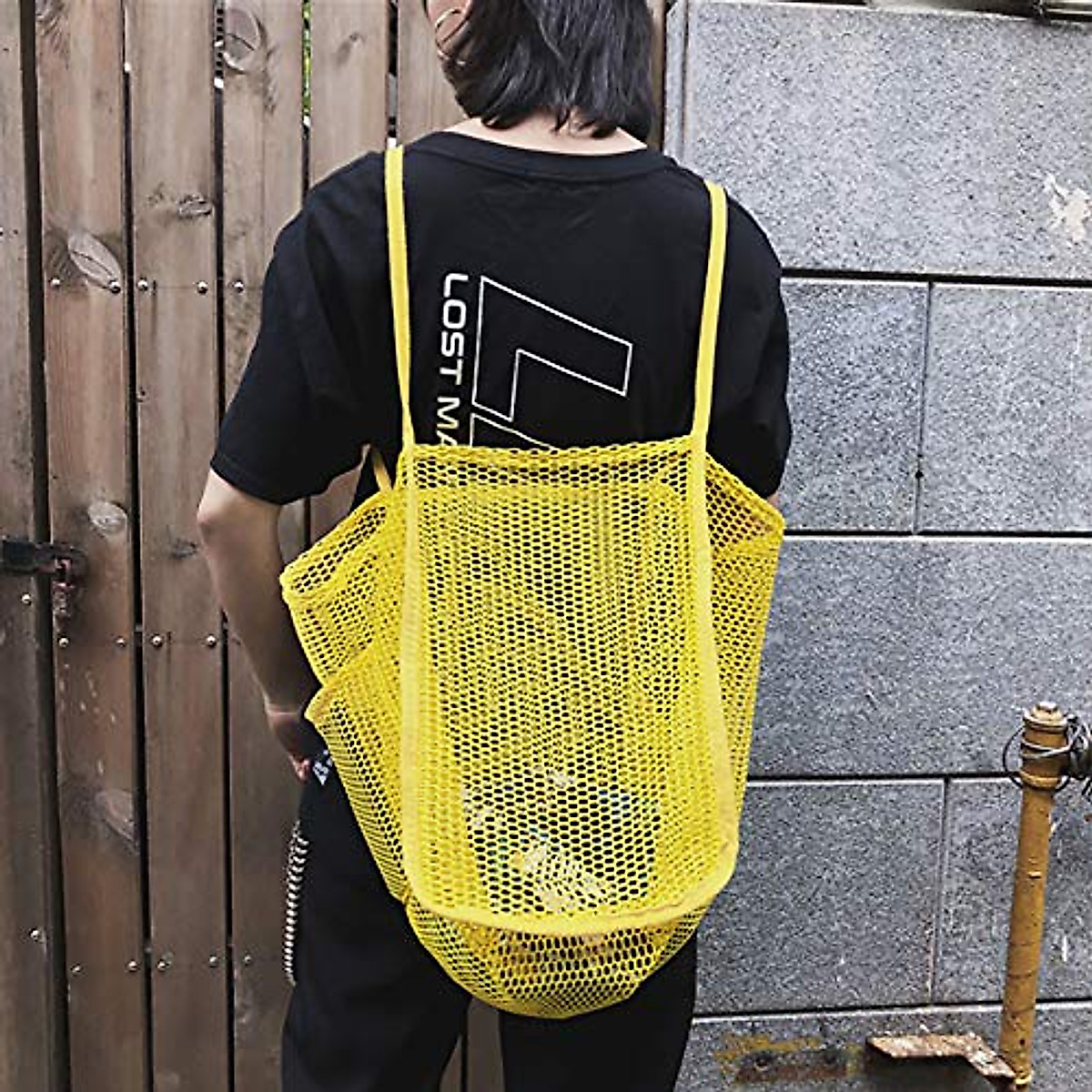 Enkrio Large Mesh Beach Casual Shoulder Bag Mesh Tote Bag Handbag for Students Teens Heavy Duty, Lightweight Foldable (Yellow)