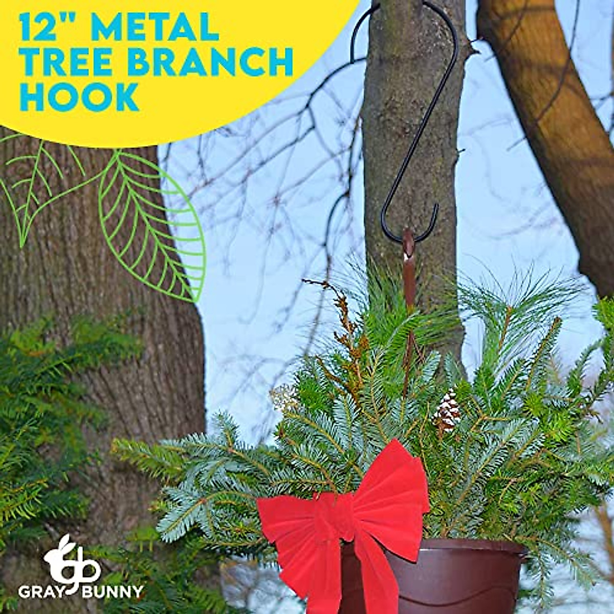Gray Bunny Metal Tree Branch Hook, 12 Inch, Black, 2-Pack, Premium Extra Thick 1/5 Inch Diameter Rust Resistant Steel S-Hooks for Bird Feeders and Baths, Planters, and More, Christmas Outdoor Lights