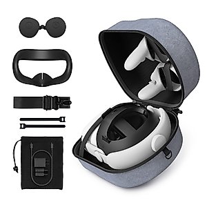 KIWI design Hard Protective Carry Case Compatible with Quest 2, Fit Original Stock Elite Strap Comfort Head Strap (No Battery One), 7 in 1 VR Accessories Travel Game Kit in Bundle