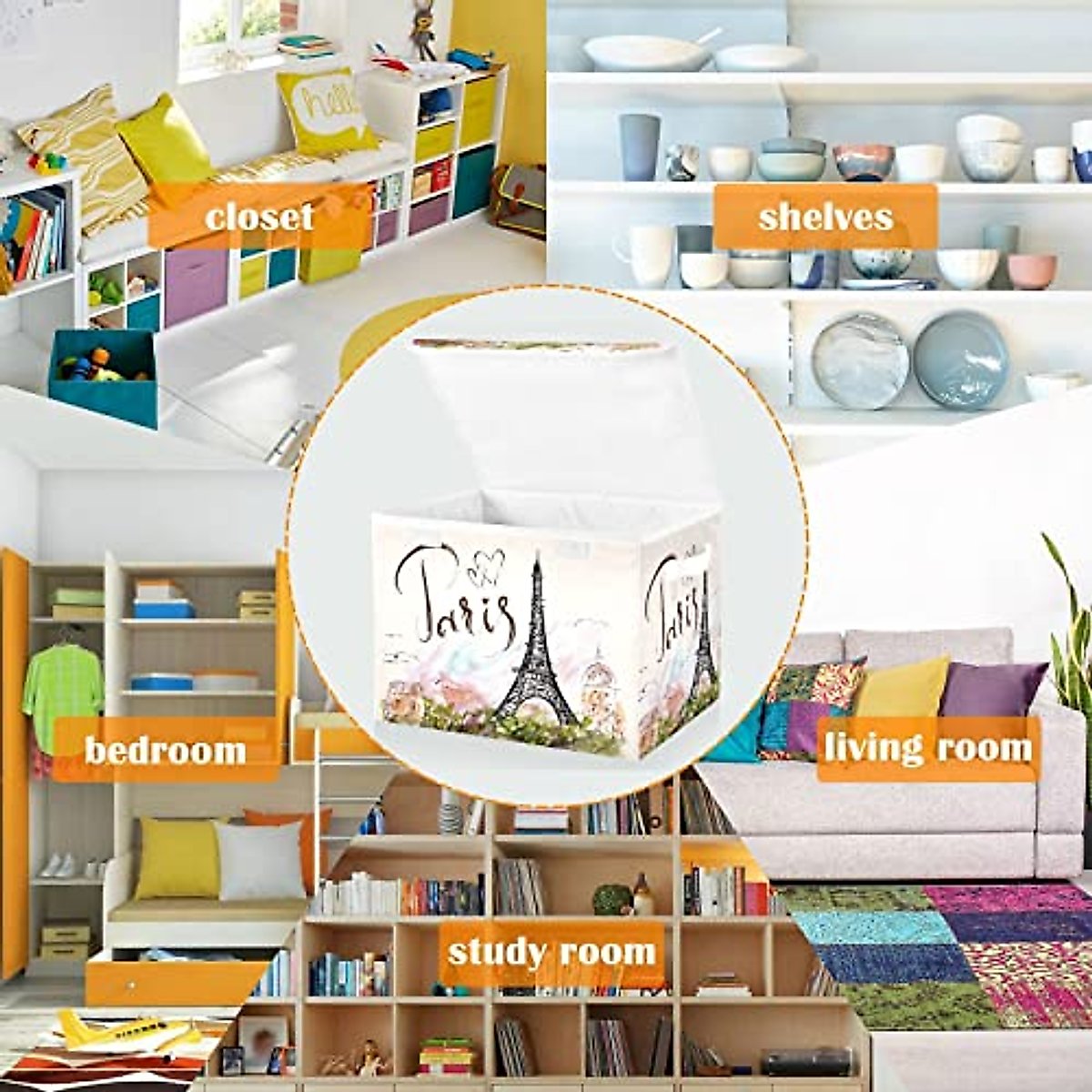 CaTaKu Paris Eiffel Tower Storage Bins with Lids and Handles, Fabric Large Storage Container Cube Basket with Lid Decorative Storage Boxes for Organizing Clothes