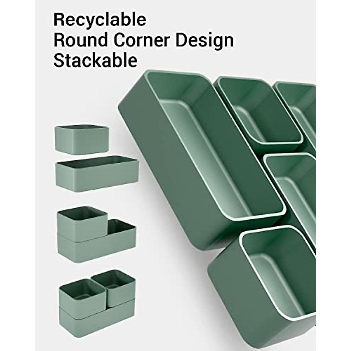 6 Pcs Stackable Drawer Organizer Set Desk Drawer Dividers, Bathroom Vanity Cosmetic Makeup Trays , Multipurpose Clear Plastic Storage Bins for Jewelries, Kitchen Gadgets and Office Accessories, Green