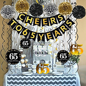 Famoby 65th Birthday Party Decorations Set- Gold Glittery Cheers to 65 Years Banner,Poms,12Pcs Sparkling 65 Hanging Swirls for 65th Birthday Decorations 65 Years Old Party Supplies