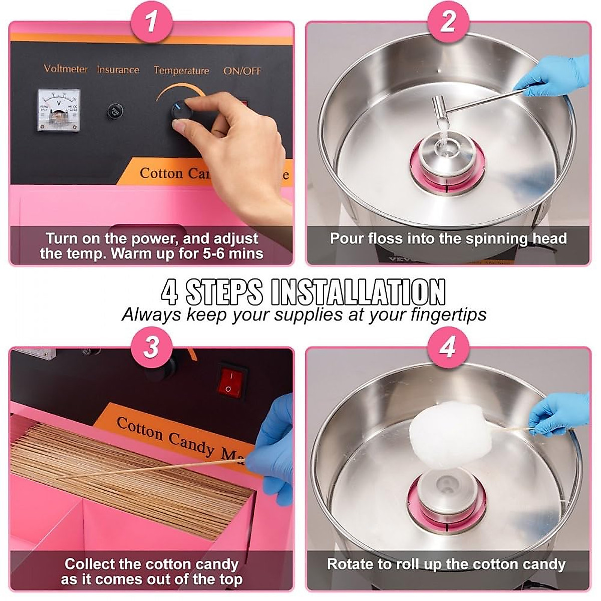 Pink Electric Cotton Candy Machine with Stainless Steel Bowl and Sugar Scoop - Perfect for Kids Birthday and Family Party - Candy Floss Maker