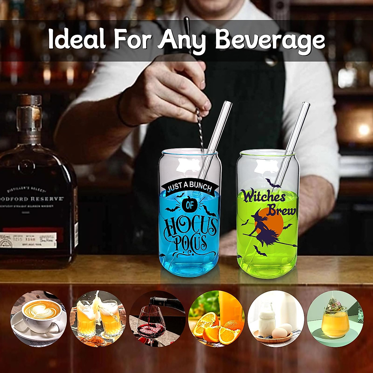 ANOITON Halloween Cups - Halloween Decorations Indoor Halloween Mug with Ghost Witch Decor Hocus Pocus Tumbler Halloween Party Supplies 18oz High Borosilicate Can Shaped Glass Cups Mug Tumbler