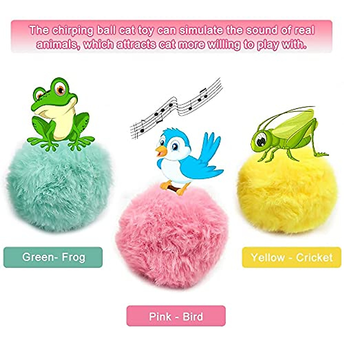 PomeWW Cat Toy Balls, Sing Ball, 3 Pcs, Upgrade Kitten Plush Ball, Newest Lifelike Animal Chirping Sounds-Bird Frog and Cricket, Built-in Catnip, Interactive Cat Kicker Toys for Indoor.