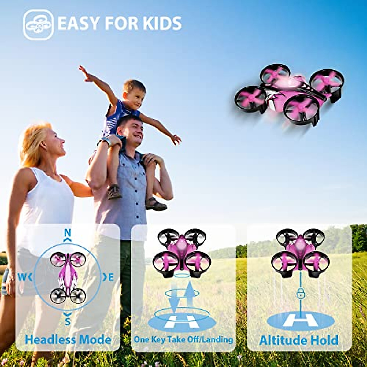 UNTEI 2 In 1 Mini Drone for Kids Remote Control Drone with Land Mode or Fly Mode, LED Lights,Auto Hovering, 3D Flip,Headless Mode and 3 Batteries,Toys Gifts for Boys Girls (Harbor Pink)