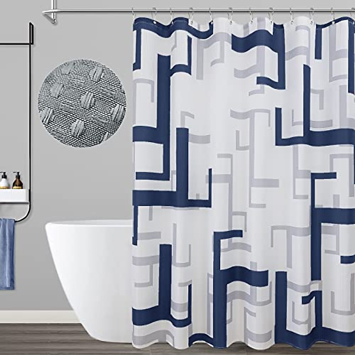 Naturoom Modern Geometric Shower Curtain Blue, Water Repellent, Polyester Bath Curtain for Bathroom, Textured Fabric Curtain Set with 12 Hooks, Machine Washable, 72 x 72 inch