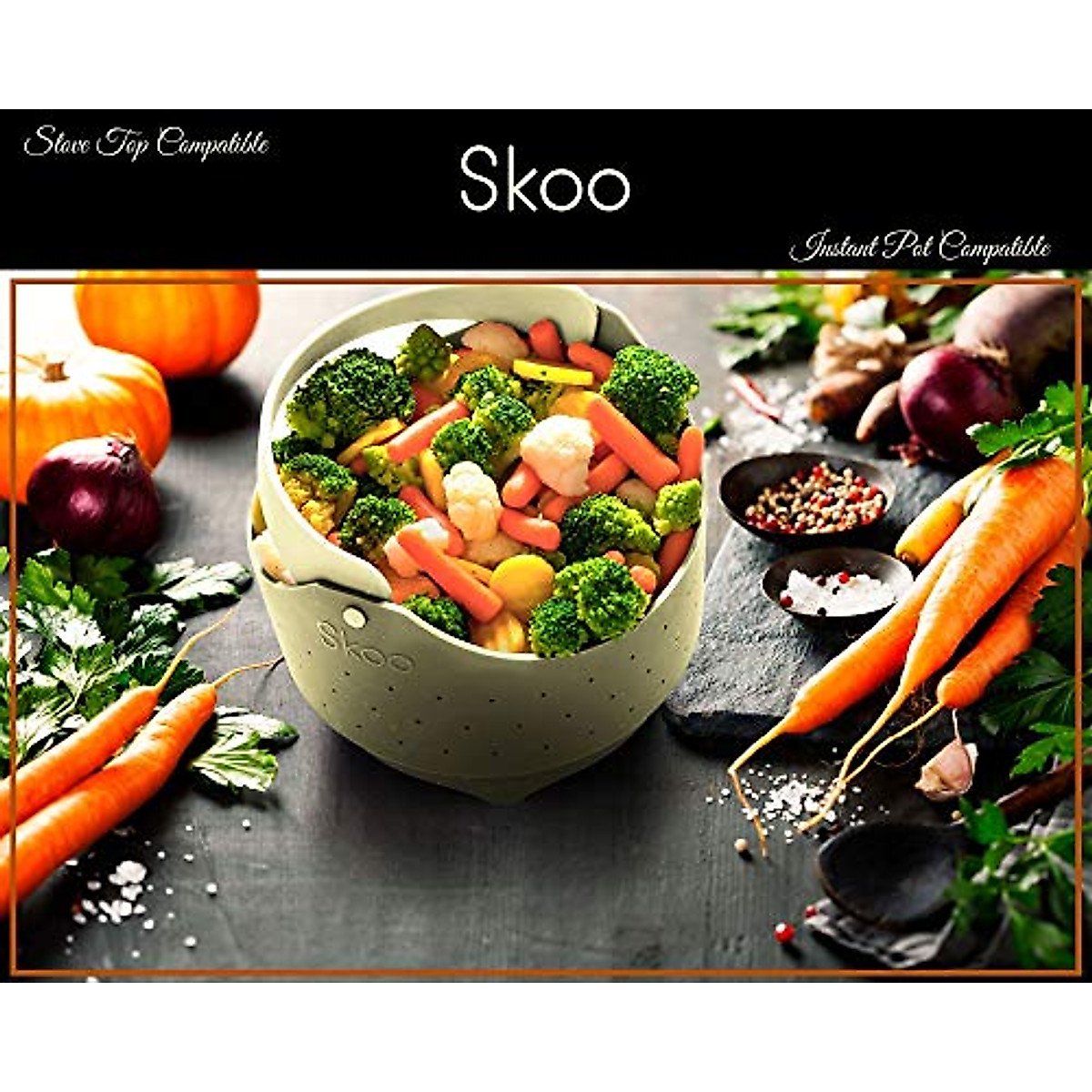 Skoo Silicone Vegetable Steamer Basket for Stove Top, 6 Qt Instant Pot, Ninja Foodi, Other Pressure Cookers - Instant Pot Accessories - For Steaming Food and Perfect Steamed Veggies (Green)