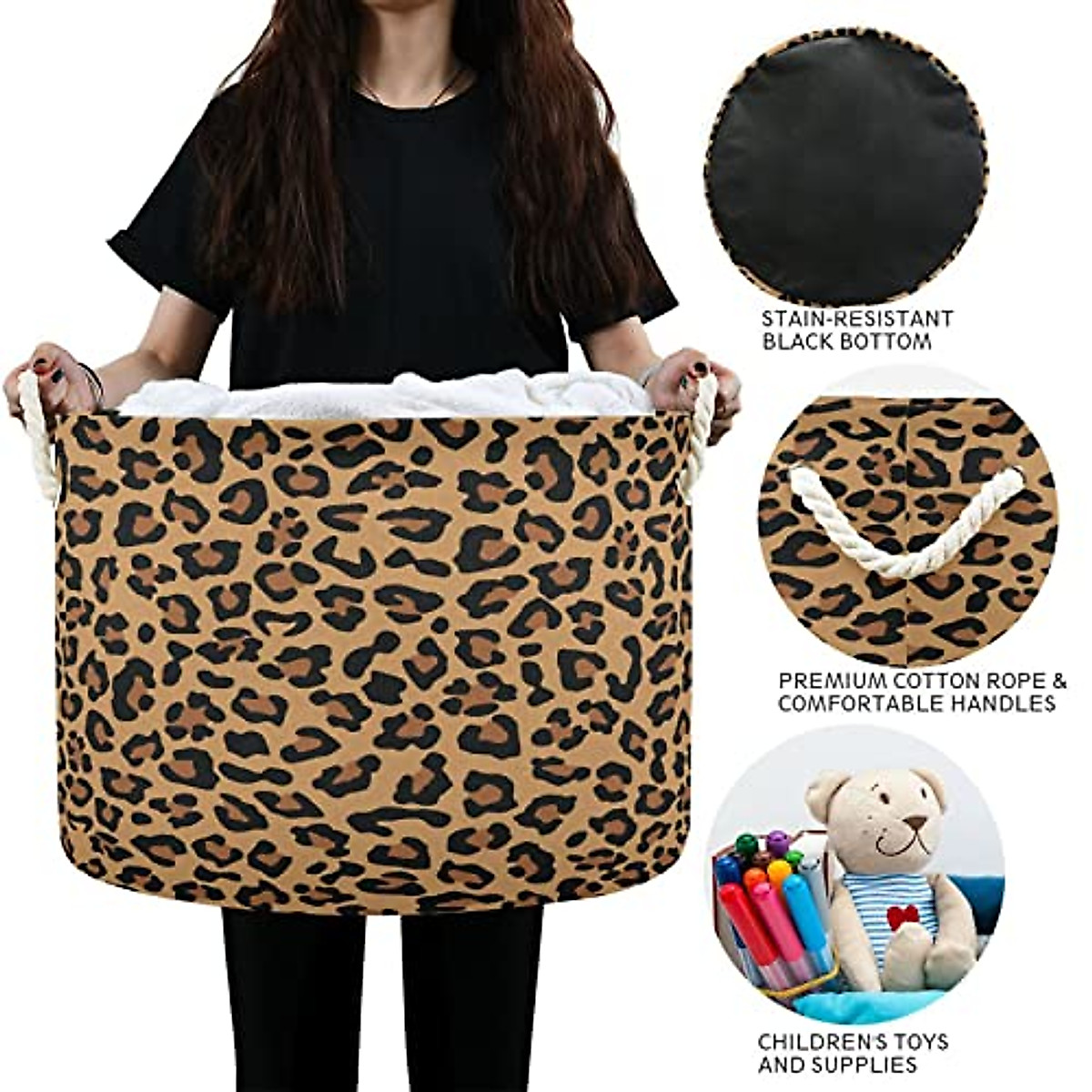 Kigai Leopard Animal Print Cotton Rope Basket Large Collapsible Baby Laundry Basket Blanket Basket Kid's Toy Storage Basket Organizer for Nursery Bedroom Home Decor