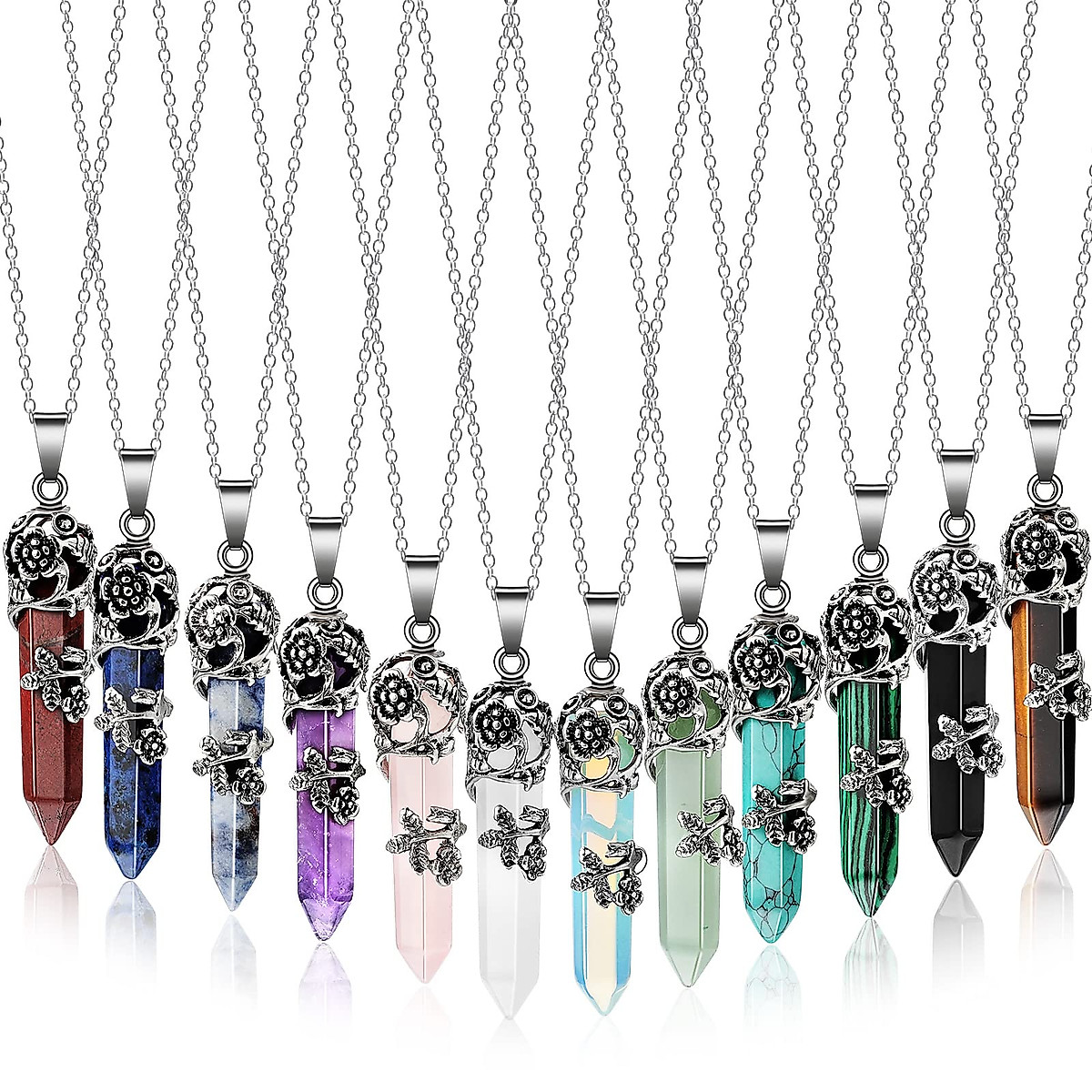 12 Pcs Healing Crystal Necklace Hexagonal Healing Crystal Flower Wrapped Crystal Point Pendant Necklace Healing Pendents Natural Quartz Point Necklace with Chain for Women (Bronze Flower Silver Chain)