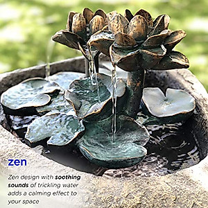Alpine Corporation 30" Tall Outdoor Pedestal Lotus Rock Waterfall Fountain with LED Lights, Brown/Gray