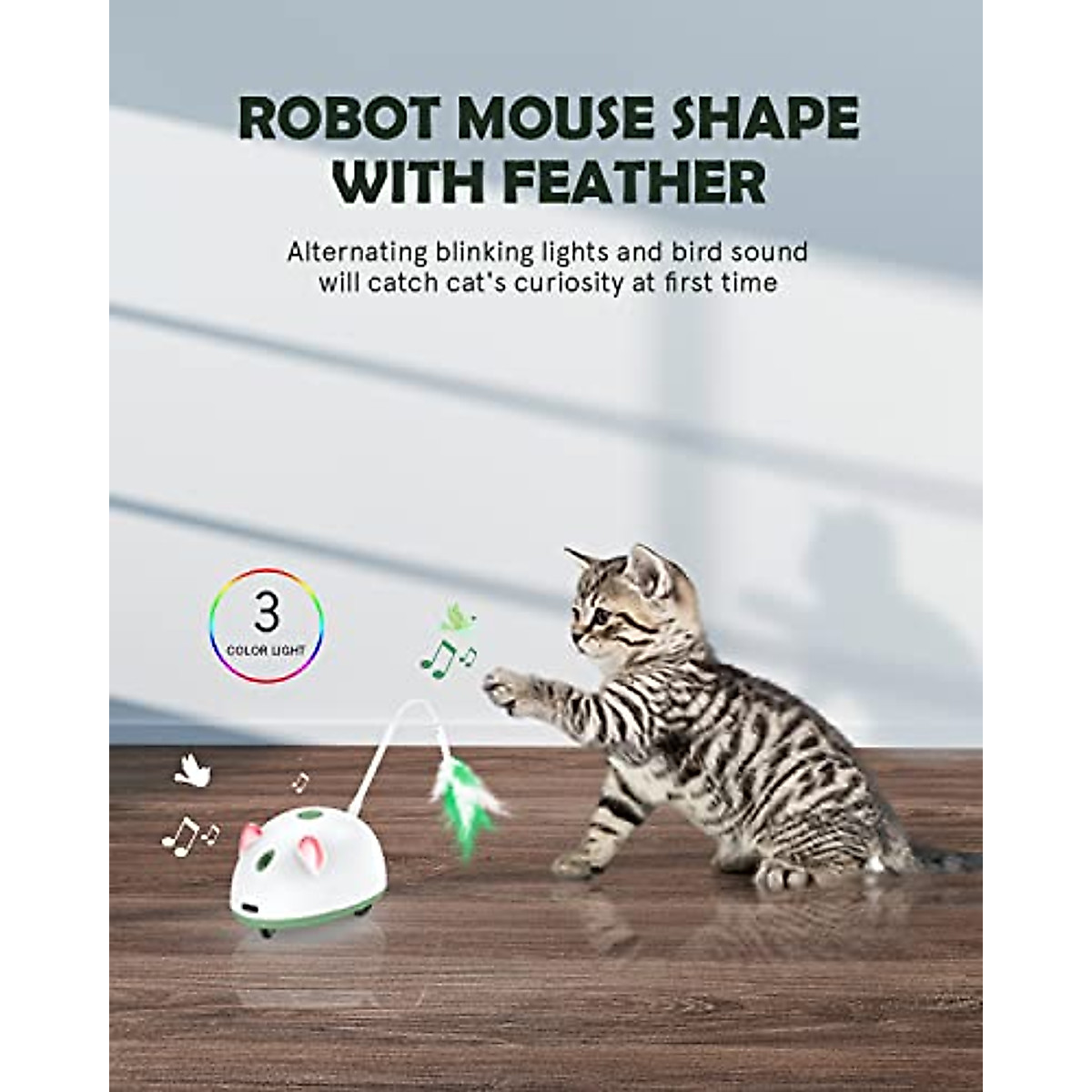Bumfey 4-in-1 Automatic Cat Mice Toys for Indoor Cats, Interactive Electric Moving Cat Toys with Feather, LED Lights, Bird Sound, Laser, Smart Kitten Toys for Pet Exercise Playing