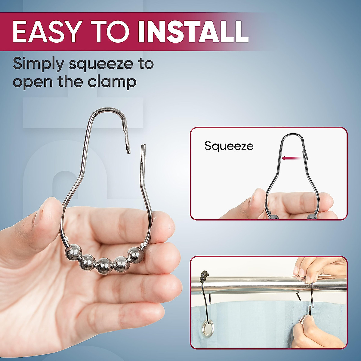 Shower Curtain Hooks Rust Proof (Set of 12) - Stainless Steel Shower Curtain Rings - Anti Slip Roller Balls for Easy Glide (Secure Lock Hooks, Polished Nickel)