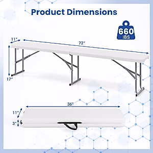 Tangkula 6 FT Plastic Folding Bench, Foldable Bench Seat with Carry Handle, Non-Slip Mat, Indoor & Outdoor HDPE Portable Outdoor Bench for Soccer Sports Picnic Camping, White