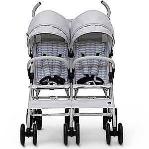 GAP babyGap Classic Side-by-Side Double Stroller - Lightweight Double Stroller with Recline, Extendable Sun Visors & Compact Fold - Made with Sustainable Materials, Grey Stripes