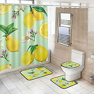 4PCS Lemon Watercolor Shower Curtain Set with Non-Slip Rugs, Toilet Lid Cover and Bath U-Shaped Mat, Bathroom Decor Set Accessories Waterproof Shower Curtain Sets with 12 Hooks