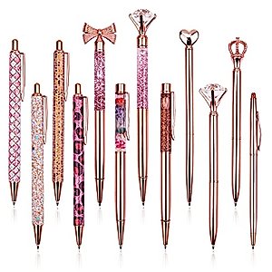 12 Pcs Rose Gold Ballpoint Pen Set Metal Crystal Diamond Pen Liquid Sand Glitter Pen for Journaling Black Ink Retractable Crystal Glitter Fancy Pens Gifts for Women School Wedding Office Home Supplies