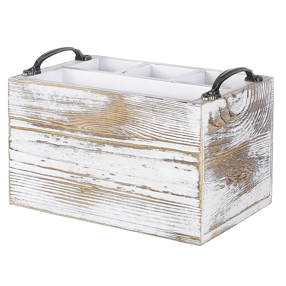 MyGift Vintage White Wood Dining Utensil Caddy and Napkin Holder - 4 Compartment Flatware Serving Storage Organizer with Antique Style Metal Handles