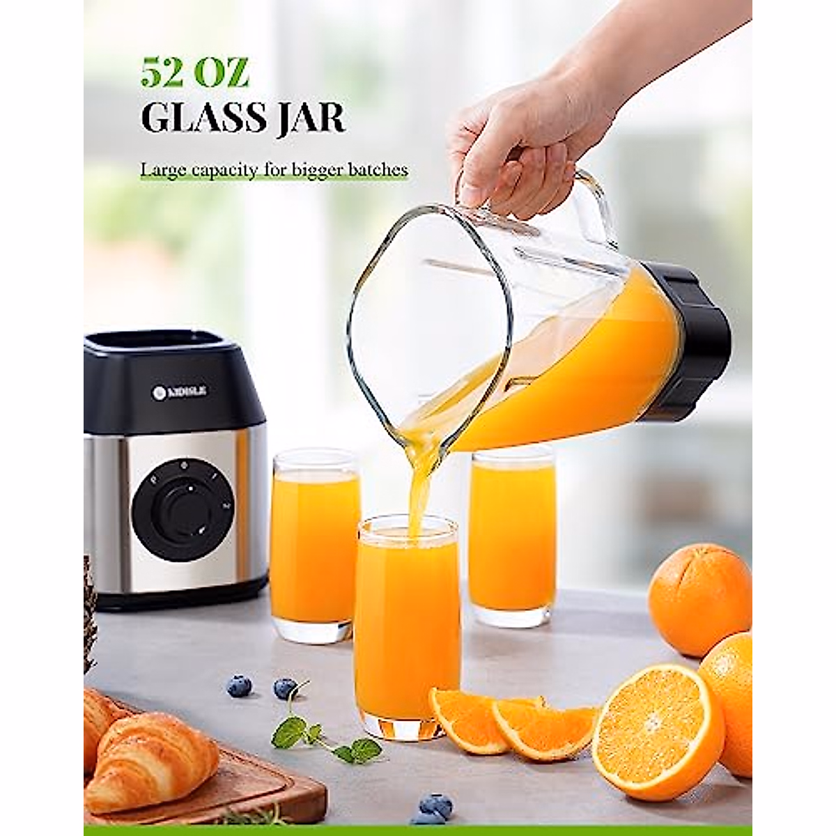 KIDISLE Professional Blenders for Kitchen, 1200W Powerful Smoothie Blender, 52oz Glass Jar for Shakes and Smoothies, Ice Crush, Frozen Fruit, Stainless Steel & Sliver