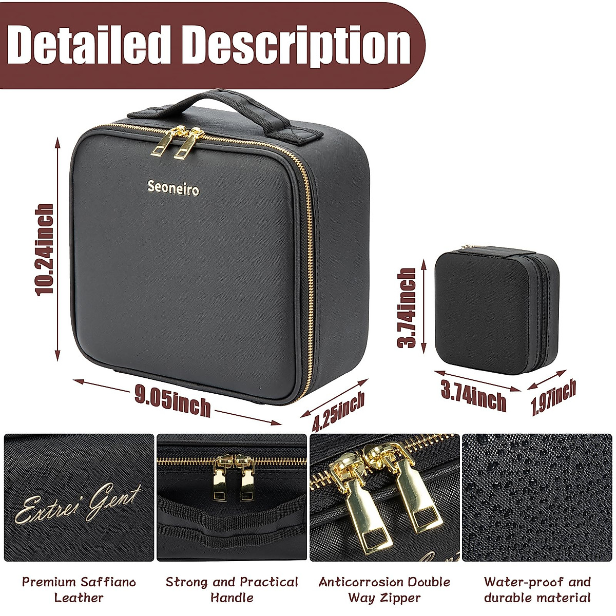 Extrei Gent Makeup Travel Train Case with Mirror LED Light 3 Adjustable Brightness Cosmetic Bag Portable Storage Adjustable Partition Waterproof Brushes Makeup Jewelry Gift for Women, Black