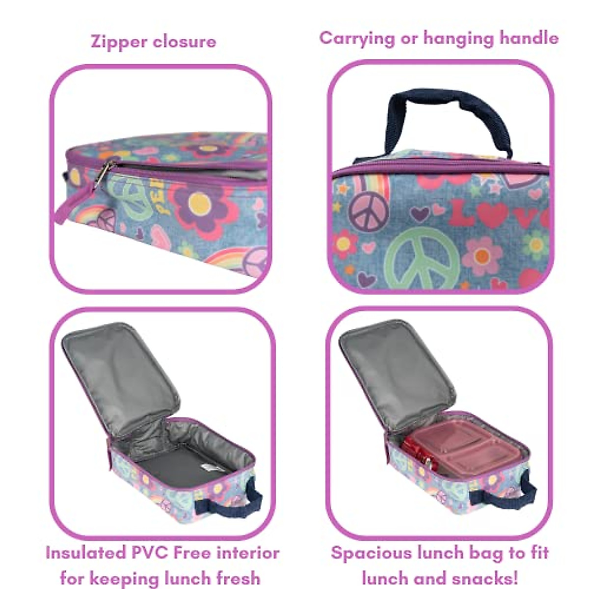 CLUB LIBBY LU Retro Denim Print Sequin Backpack with Lunch Box Set for Girls, 3 Piece Value Bundle, 16 Inch