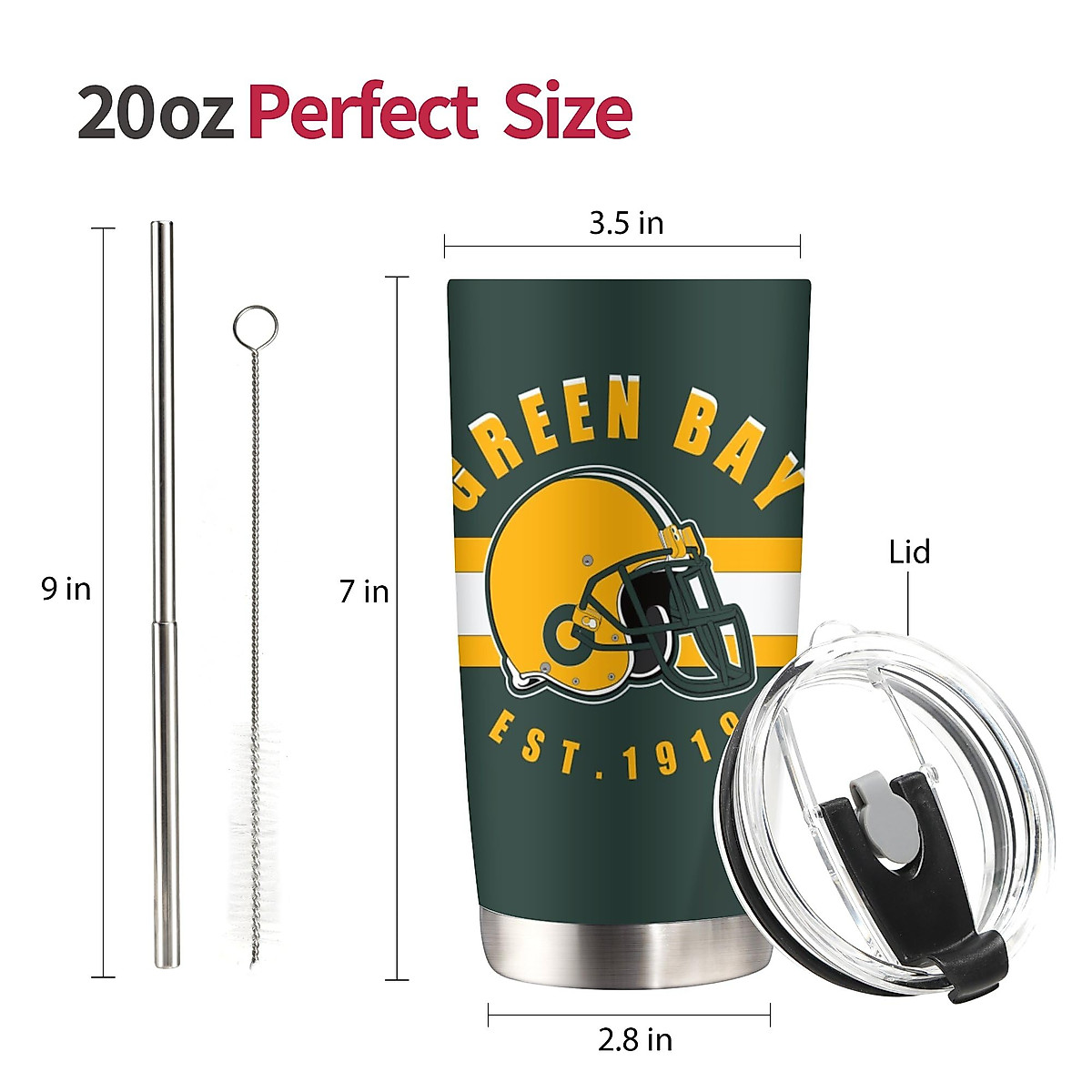 Custom Green Bay Tumbler 20oz Stainless Steel with Lid & Straw Personalized Football Fans Gifts for Women Men Coffee Travel Mug Cup Add Name Number