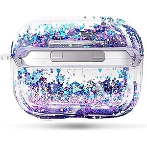 NZND Case Compatiable with Apple Airpods Pro (2019 Released), Glitter Liquid Sparkle Flowing Floating Durable Girls Women Kids Cute Clear Hard Cover Carrying Case -Purple/Blue