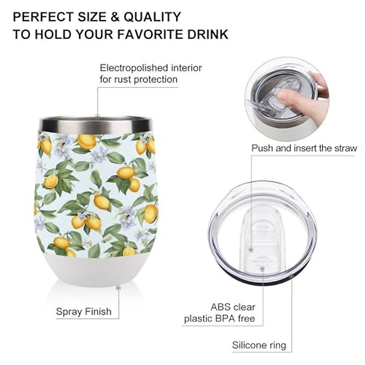 WYUSPGK 304 Stainless Steel Insulated Cup, Lemon Pattern Print Smooth Rim, Durable & Reusable - Perfect for Office, Home, And Travel