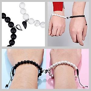 Top Plaza 2pcs Couples Bracelets Matching Heart Bracelets for Lover Healing Crystal Black Agate White Turquoise Bracelets for Couples Him & Her BF GF Valentine's Day Gifts