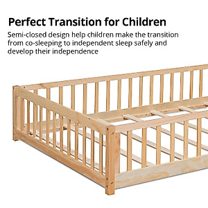 LLS Full Floor Bed for Children, Durable Montessori Floor Bed with Wood Slats, Safety Fence & Small Door, Wood Floor Bed Frame for Girls Boys and Children, Natural (with Bed Slats)