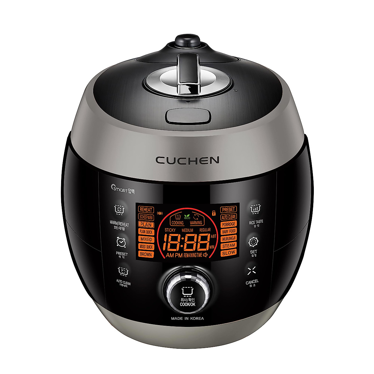 CUCHEN CJS-FD0604RVUS | Heating Pressure Rice Cooker 6 Cup (Uncooked) | Smart Jog Dial | Auto Steam Clean | Voice Guide | Made in Korea | Black/Dark Silver